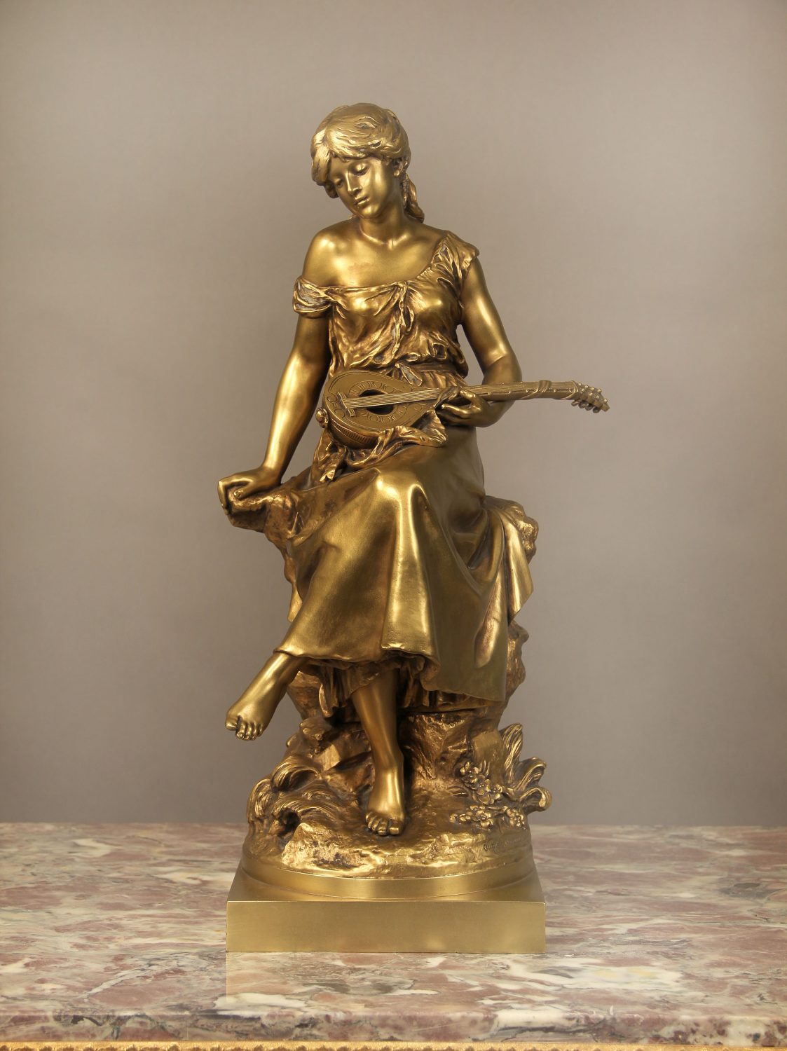 A Lovely Late 19th Century Gilded Bronze of a Woman Perched Upon a Rock ...